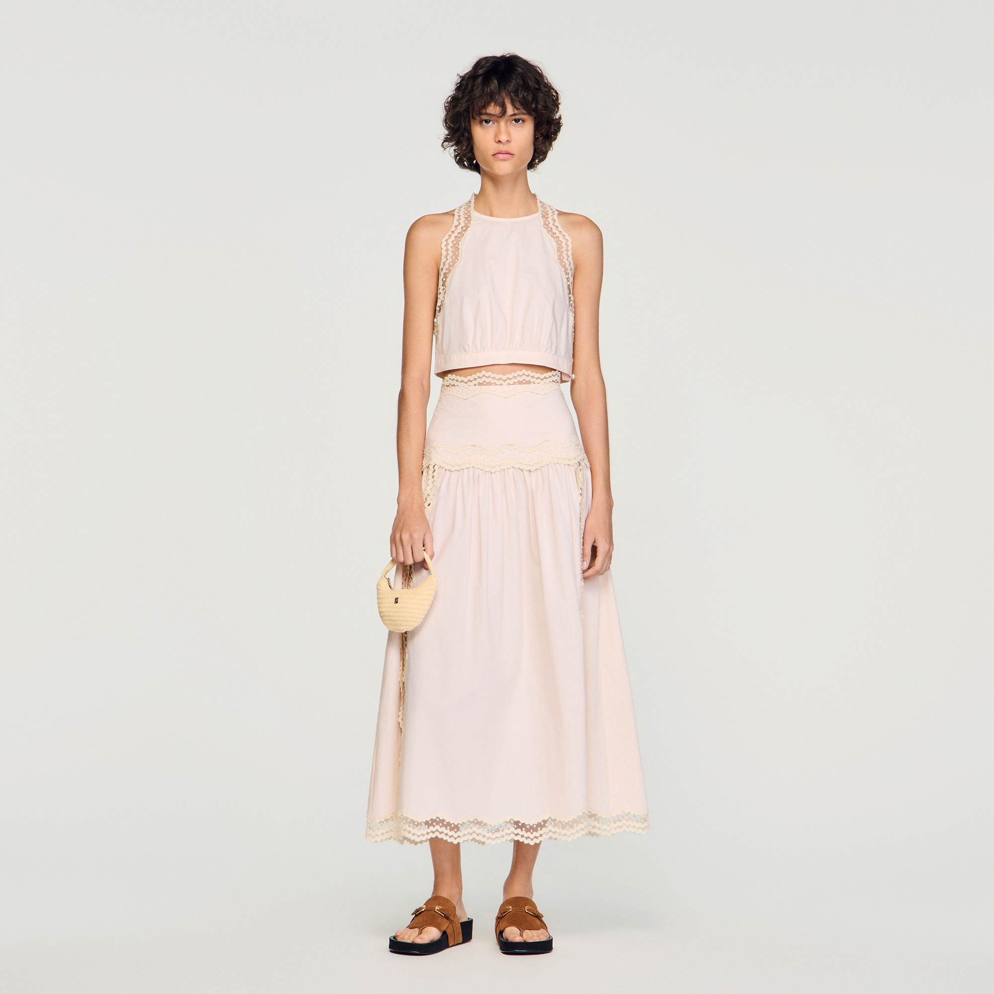 SANDRO Cotton Crop Top with Lace Trim